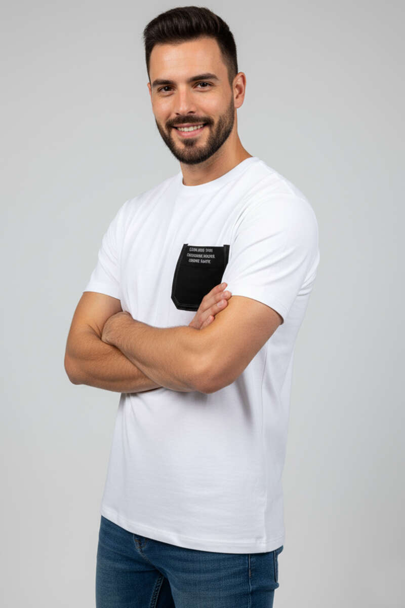 Cepli Enjeksiyon Baskı Erkek Tshirt Beyaz