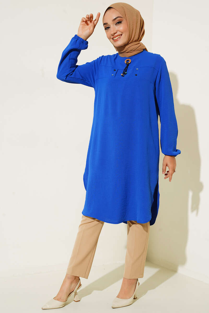 Mini Düğme Detaylı Tunik Saks