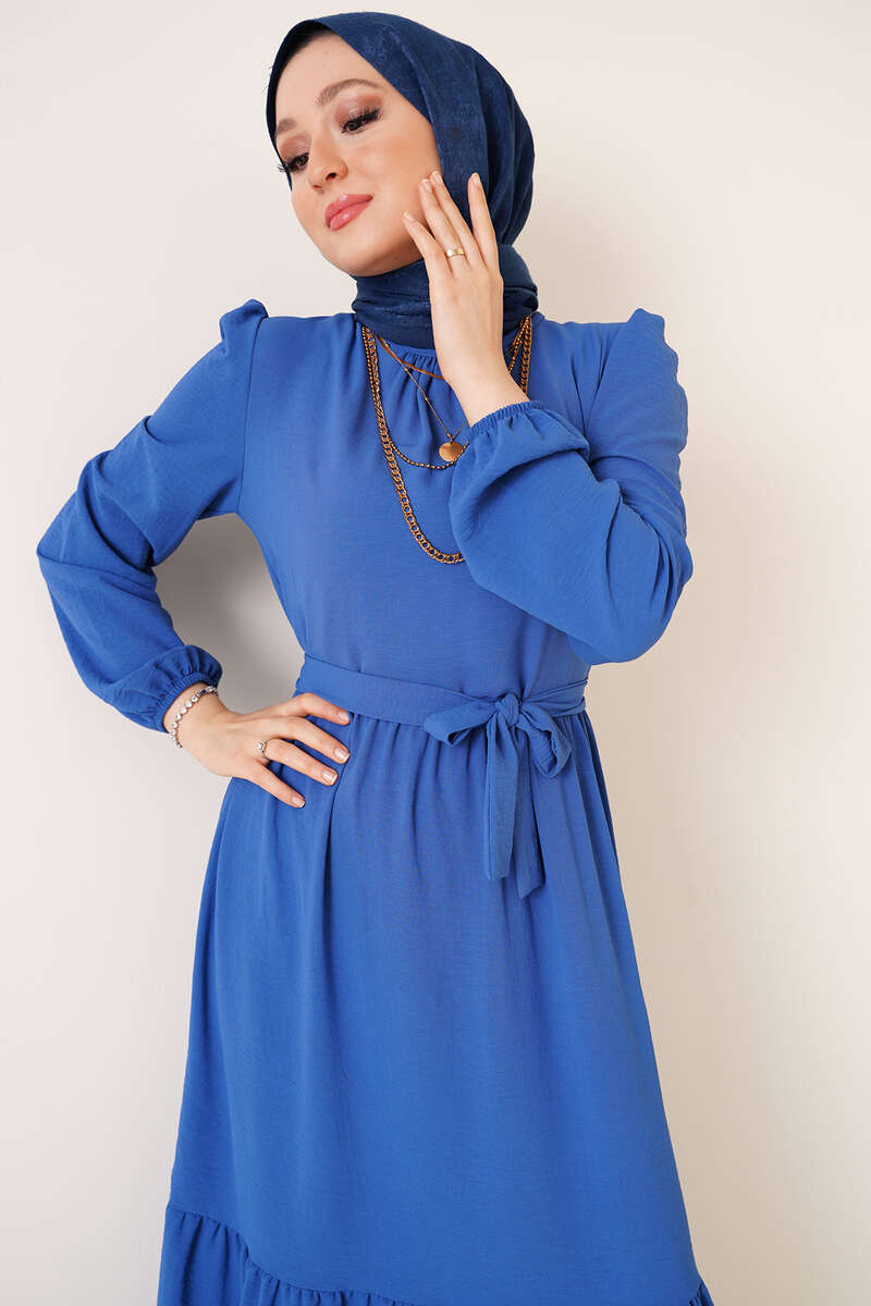 Yakası Büzgülü Ayrobin Elbise İndigo