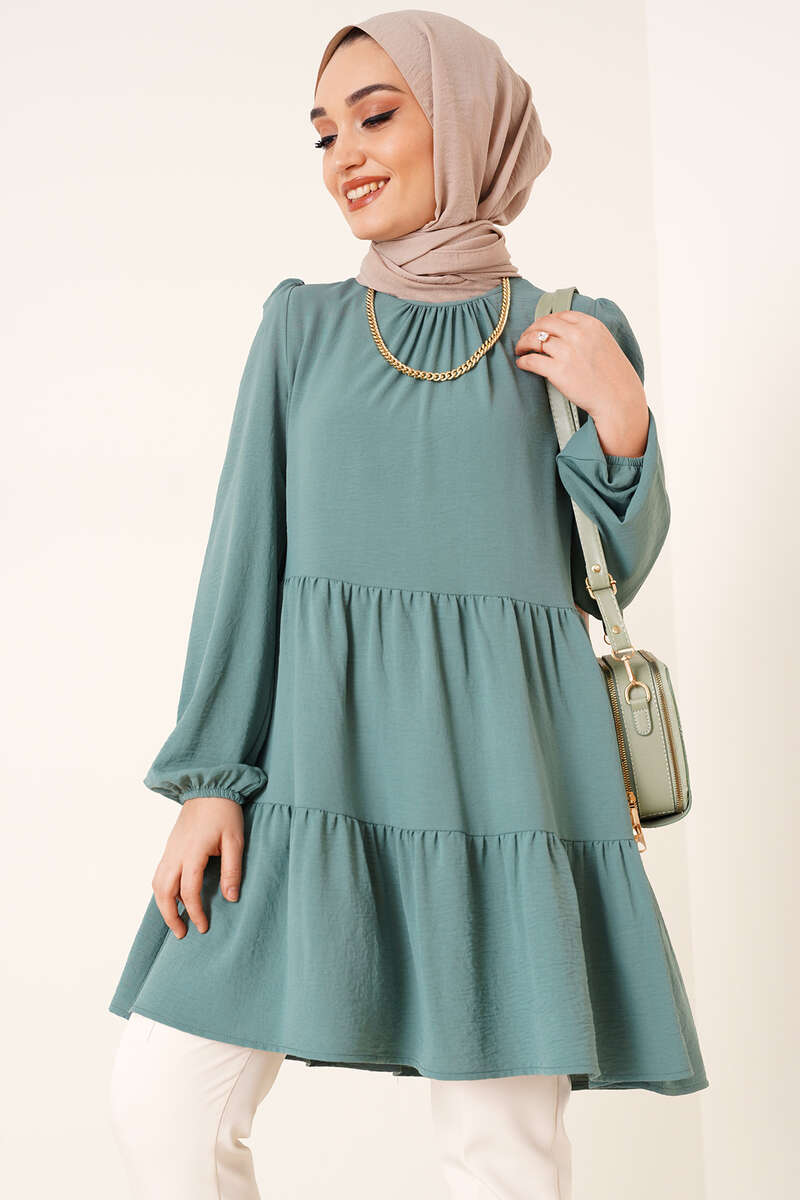 Yakası Büzgülü Ayrobin Tunik Mint Yeşili