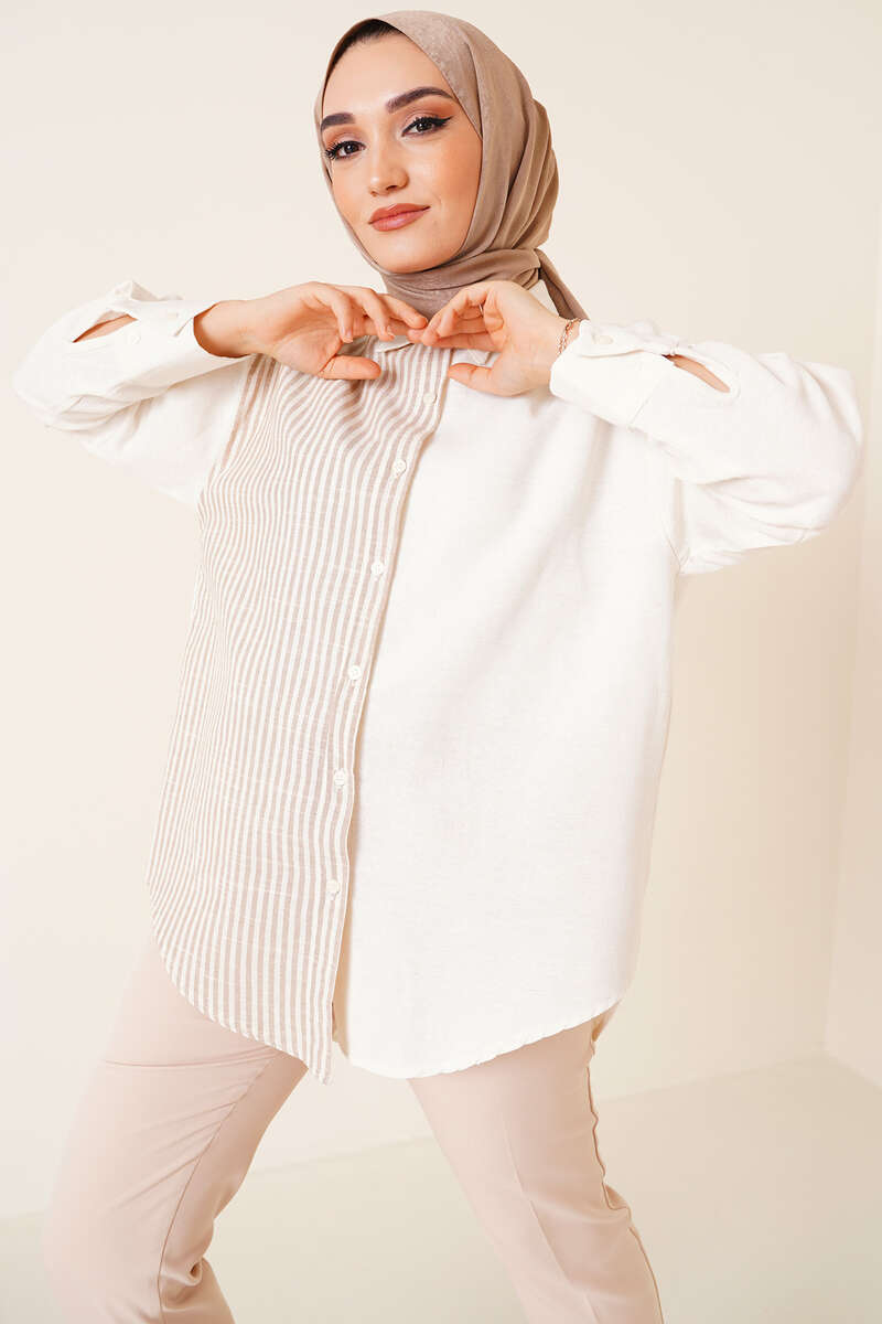 Yarı Diket Çİzgili Keten Gömlek